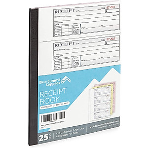 Blue Summit Supplies Triplicate Receipt Book, 100 per Book, 500 Total, 5 Pack, 3 Part Carbonless Payment Receipt Books for Money, Rent, or Cash with White/Yellow/Pink Copies, 11 x 7.5 inch,