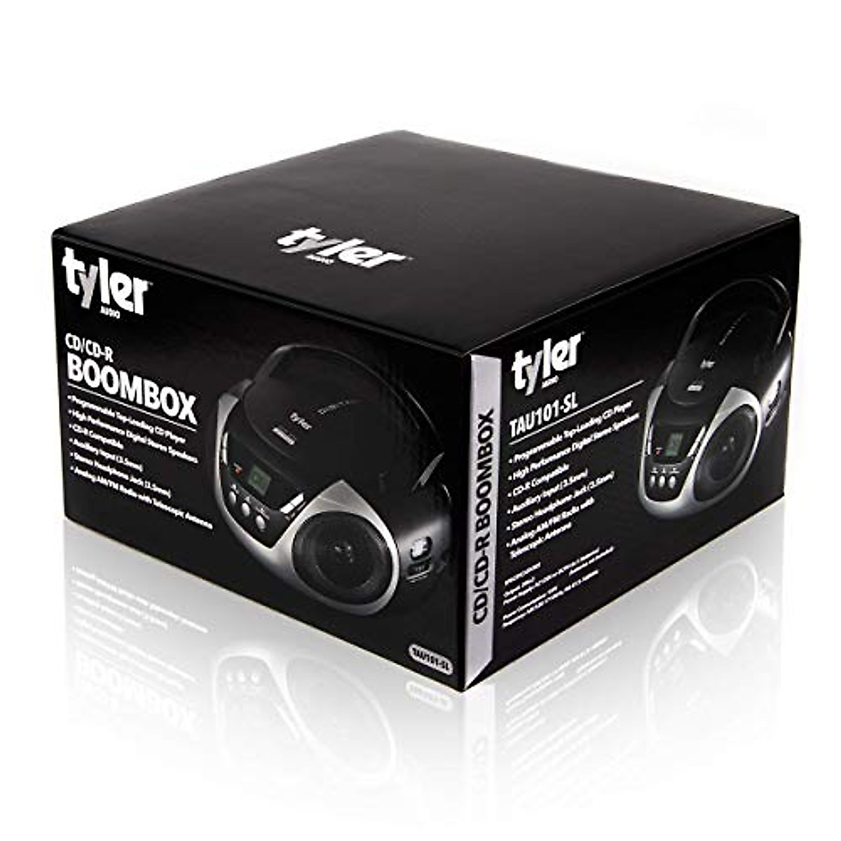 Tyler Portable CD Player Boombox Radio AM/FM Top Loading AC & Battery Compatible Aux Input & 3.5mm Headphone Jack Small Lightweight Compact Boom Box Home Stereo Speakers Carrying Handle Kids Silver