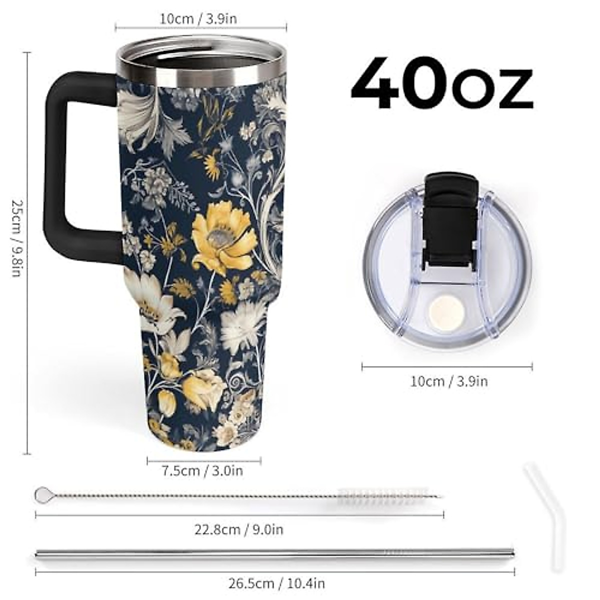 YTLKGFP 40 Oz Large Capacity Car Cup With Floral Pattern Tumbler with Handle (Black) Straw Lid Insulated Stainless Steel Water Bottle Travel Mug Leak-proof Car Cup Keeps Cold Or Hot