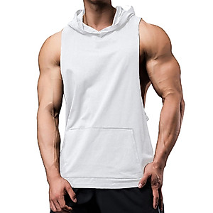 Men's Hooded Tank Tops Gym Workout Training Hoodies Sleeveless Bodybuildng Muscle Cut Off T-Shirt with Pocket 02 White M