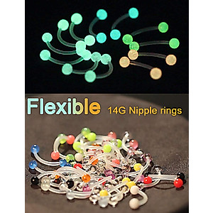 Prjndjw 14G Flexible Plastic Acrylic Piercing Jewelry, 48Pcs Curved Barbell Body Piercing for Women Men, Glow in The Dark Tongue Nipple Rings Retainer, 16mm, Hypoallergenic