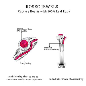 1 CT Ruby and Diamond Ring Set, Ruby Wedding Ring Set, Minimal Ruby Gold Bypass Ring, Genuine Ruby Bridal Ring Set for Women, 14K Rose Gold, Size:US 8.00