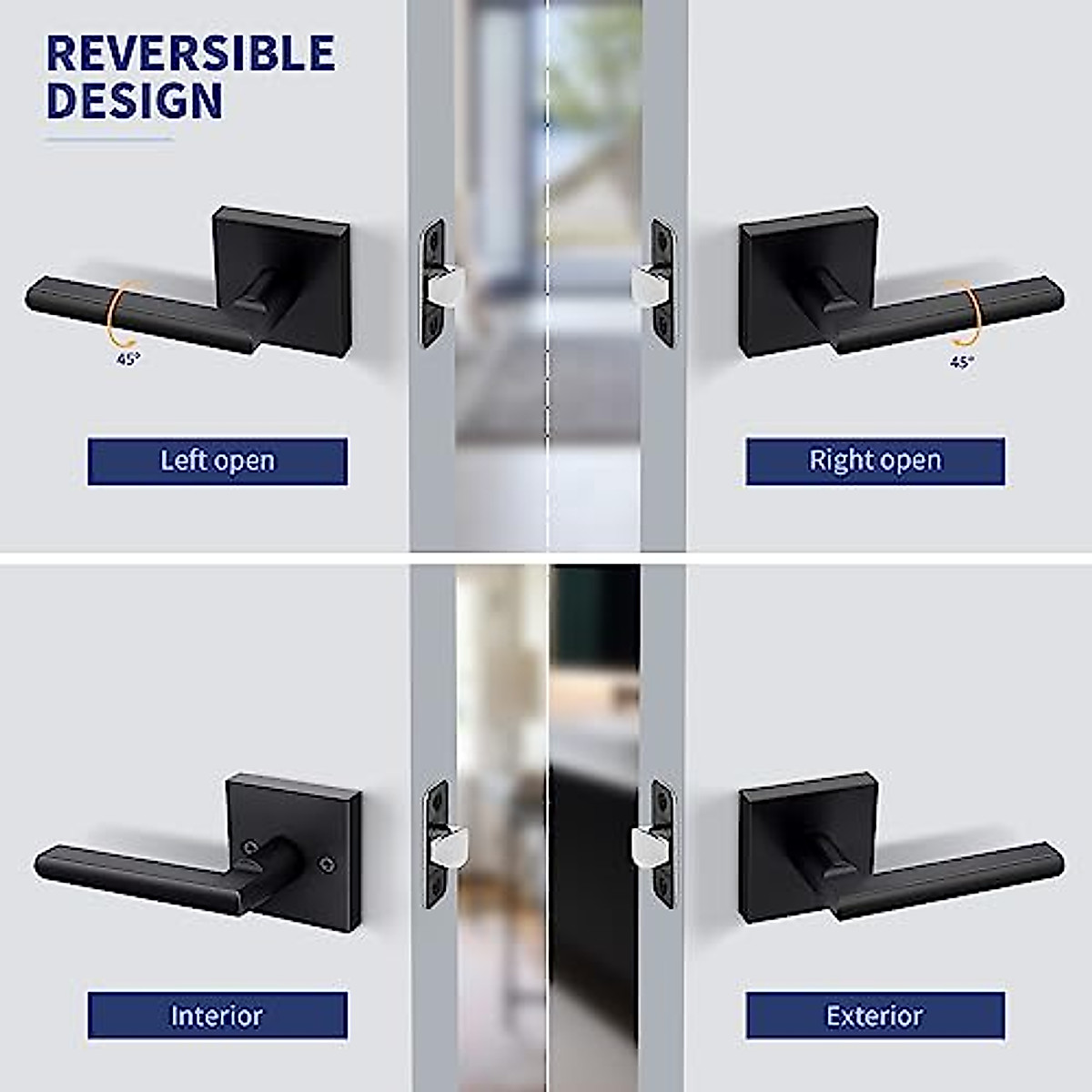 LOQRON Passage Door Lever Heavy Duty Keyless Door Handle Square Non-Locking Door Lock Matte Black Finish Reversible for Hall Closet Door
