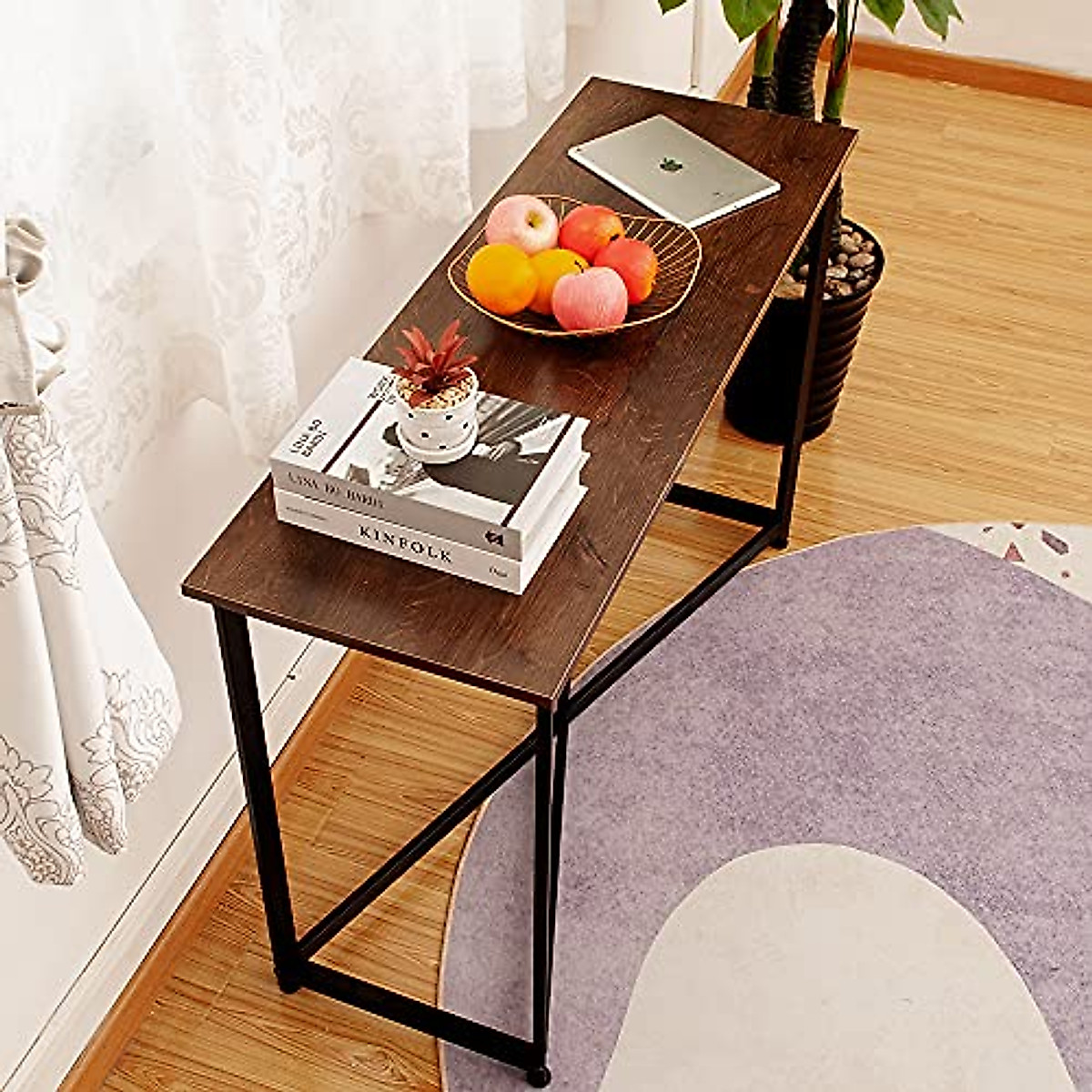 Coral Flower Bar Table with Metal Frame, Multi-functional Desk for Dining Living Room, Industrial Accent Furniture,Rustic Brown and Black