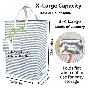 Evelots Large Laundry Hamper - Freestanding and Collapsible - Waterproof - Clothes, Toys Basket with Carry Handles - 80 Liters, 21 Gallon - Up to 4 Large Loads - Solid Wire Top Frame - Gray Striped