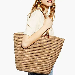QTKJ Hand-woven Soft Large Straw Shoulder Bag, Beach Tote Beach Bags for Women, Boho Straw Handle Tote Retro Summer Beach Bag Rattan Handbag (Brown)