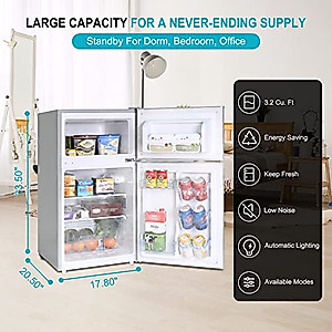 Frestec Mini Fridge with Freezer, Small Refrigerator, 2 Door Mini Fridge for Bedroom, 3.2 Cu.Ft, Low Noise,7 Settings Temperature Adjustable Control (Silver)