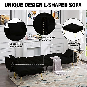FREESNOOZE 107'' Convertible L-Shaped Velvet Sleeper Sofa Bed Living Room Sectional Sofa with Removable Ottoman and Tapered Metal Legs, Black