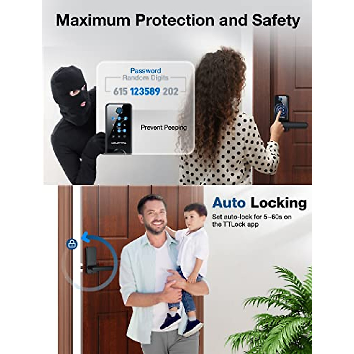 Wi-Fi Smart Lock, Fingerprint Keyless Entry Door Lock with Handle, Smart Lock for Front Door Anti-Peeping, Electronic Digital Keypad Door Lock Works with Alexa, Remotely Control (G2 Gateway Included)