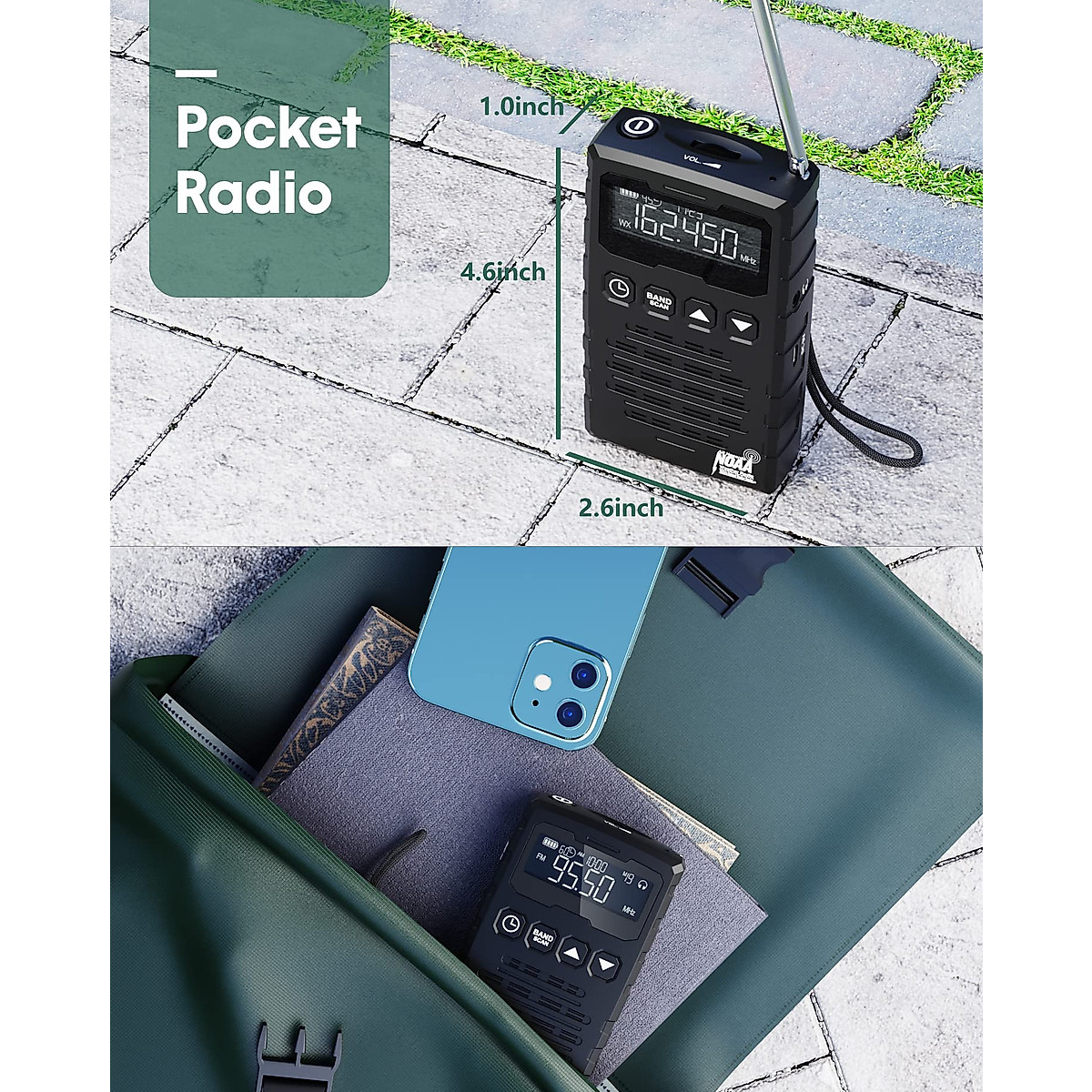 NOAA Weather Radio - Rechargeable NOAA/AM/FM Emergency Radio, Portable Pocket Radio, Longest Playtime, Best Reception, Digital Tuning, Auto Scan&Preset Function, Time Display, Mono Headphone Socket
