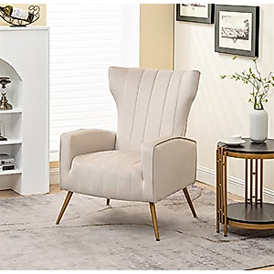 Container Furniture Direct Modern Velvet Accent Chair, Channel Tufted Bedroom, Office or Living Room Furniture with Elegant Metal Legs, 26" Wide Armchair, Beige
