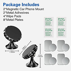 [2 Pack] Magnetic Phone Car Mount, Magnetic Phone Holder for Car with 8 Metal Plates, 360° Rotation Phone Mount for Car Dashboard Compatible with iPhone Samsung and Other Smartphones