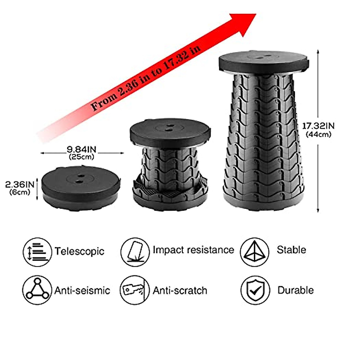 Hesanzol Portable Telescopic Stool with Seat Cushion, Adjustable Retractable Folding Stool for Indoor Outdoor, Lightweight Collapsible Stool for Adults, Load Capacity 400lbs (Black)