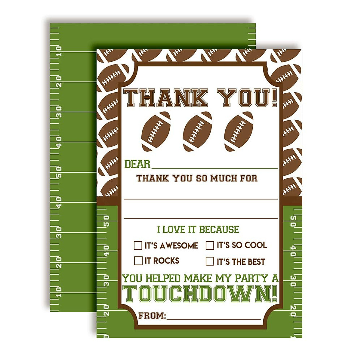Football Touchdown Thank You Notes for Boys, Ten 4" x 5.5" Fill In The Blank Cards with 10 White Envelopes by AmandaCreation
