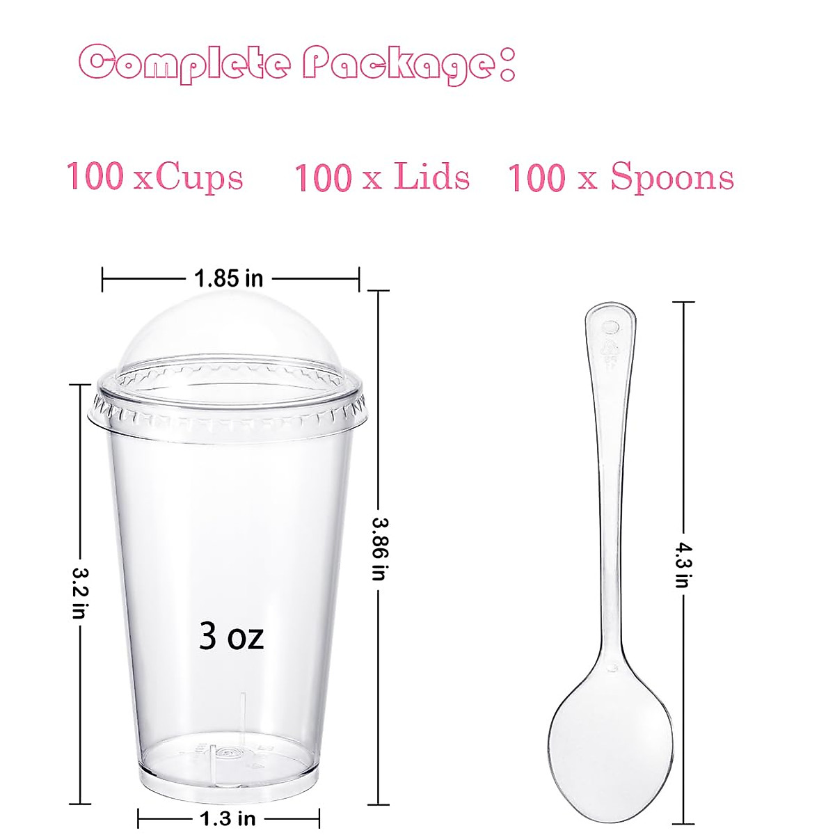 HawHawToys 100 Pack 3 OZ Dessert Cups with Lids and Spoons, Clear Plastic Mini Dessert Shooter Parfait Cups for Party Desserts,Appetizers Serving (100)
