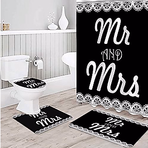MUSEDAY 4 Pcs Shower Curtain Set Wedding Bathroom Decor Sets with Non-Slip Rugs, Toilet Lid Cover & Bath Mat Waterproof Curtains for Bathroom, Lace Pattern with Words Mr and Mrs
