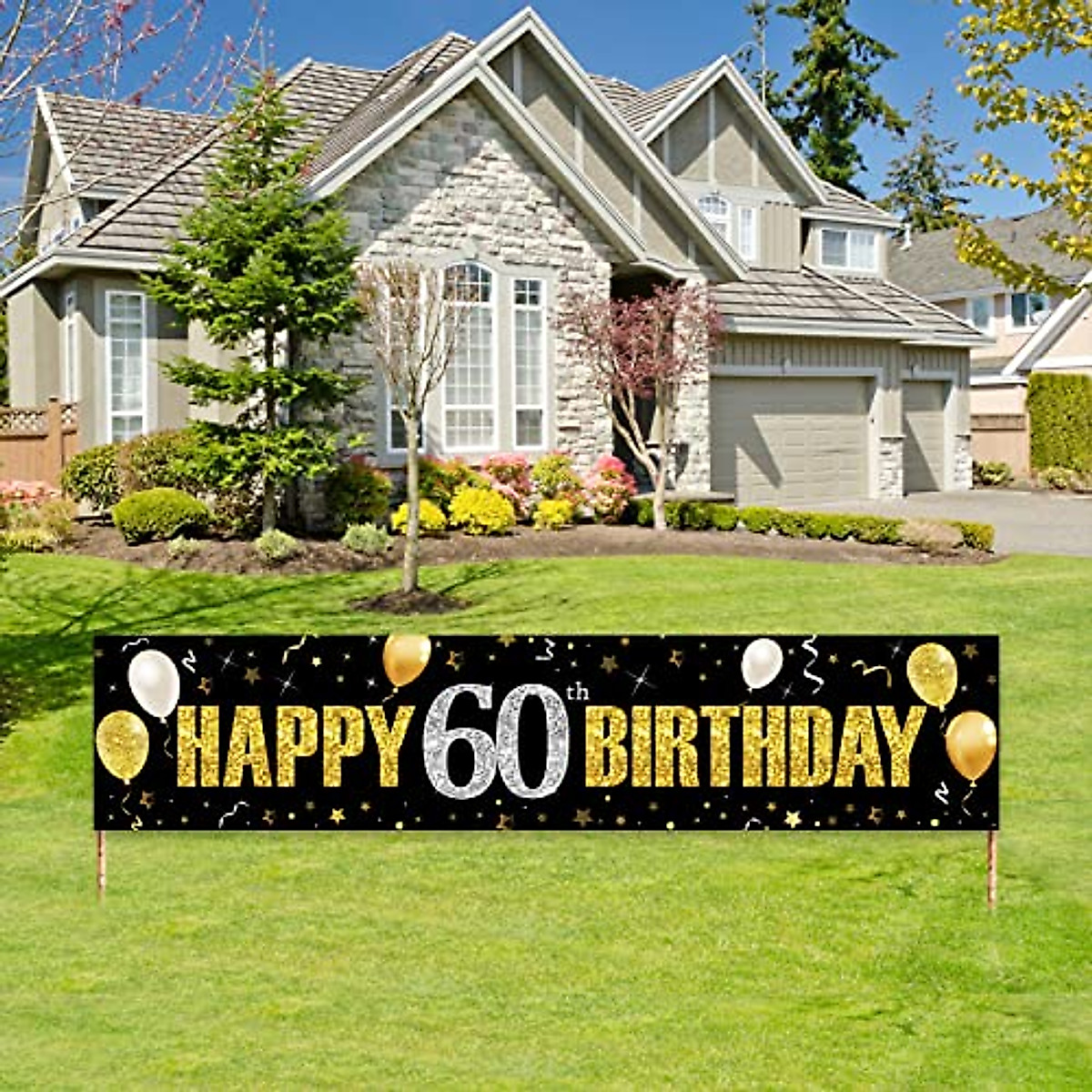 60th Birthday Banner Decorations for Men Women, Black Gold Happy 60 Birthday Yard Banner Sign Party Supplies, Sixty Year Old Birthday Party Decor for Indoor Outdoor