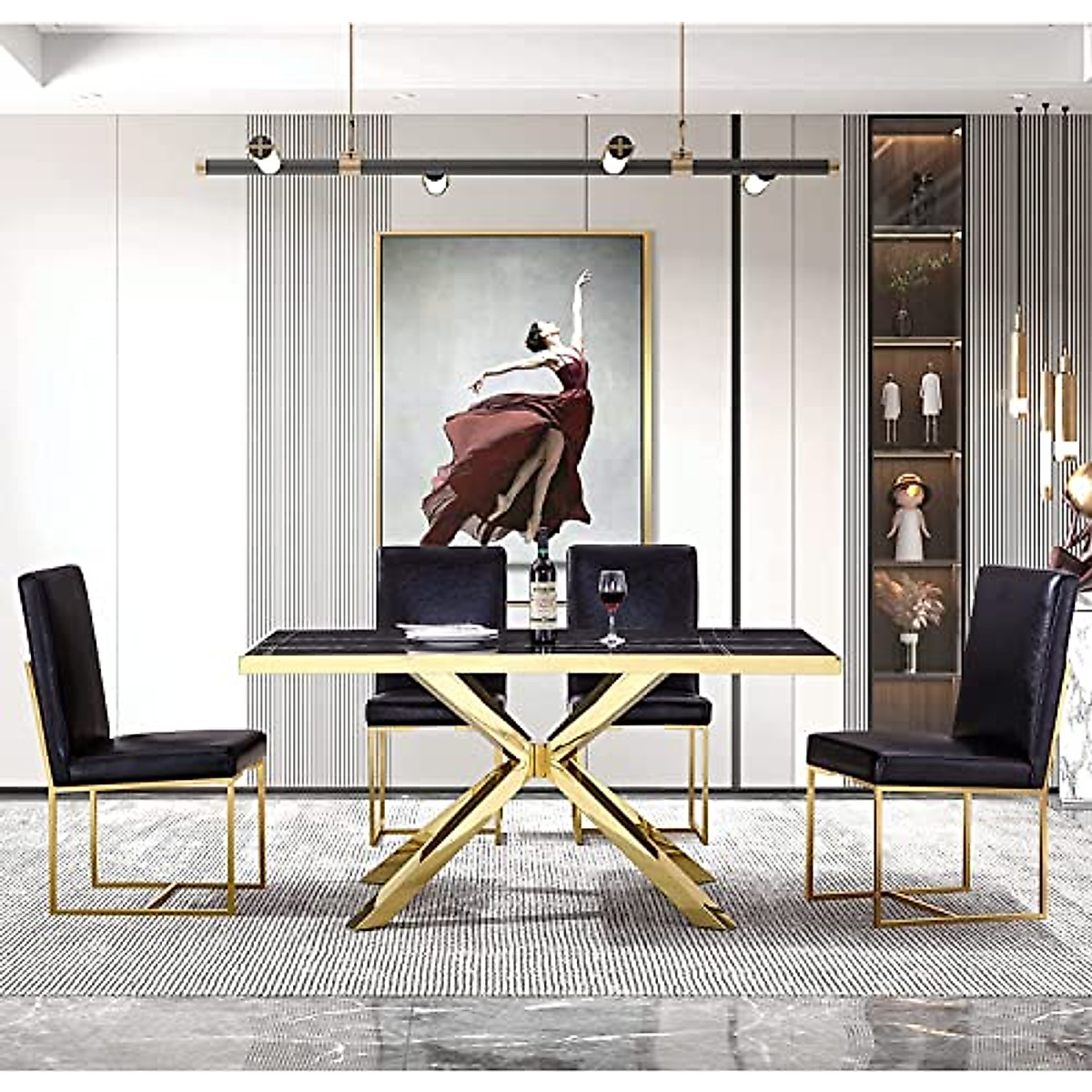 AZhome Modern Dining Room Table with Gold Stainless Steel Metal X-Base in Black Gold