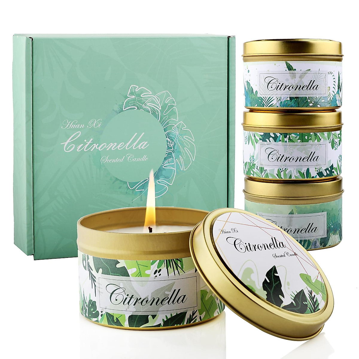 Scented Candle Set 4 Pack Citronella Candles Outdoor, 32 Oz Long Lasting Soy Wax Citronella Candles Set, Large Tin Candles with Fresh Citronella Oil for Camping Garden Patio Yard Balcony Party Indoor