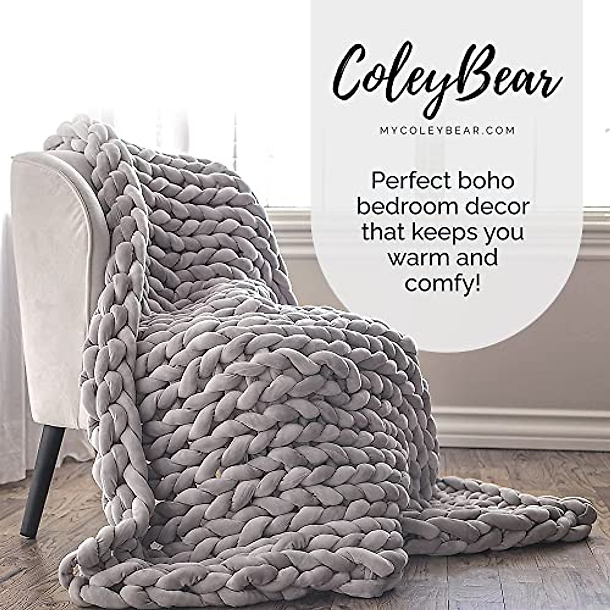 COLEYBEAR Chunky Knit Blanket, Super Soft and Warm Non-Shedding Knitted Blanket, Luxe Stockinette Knit Chunky Blanket, 14 Pounds, 38 Inches x 75 Inches, Twin Size, Light Gray