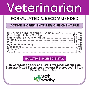 Vet Worthy Joint Support Level 3 - Chewable Tablet to Support Bone Health and Healthy Joints - Dog Supplement with Glucosamine, MSM, Hyaluronic Acid, Advanced Joint Care - Liver Flavor, 90-Count