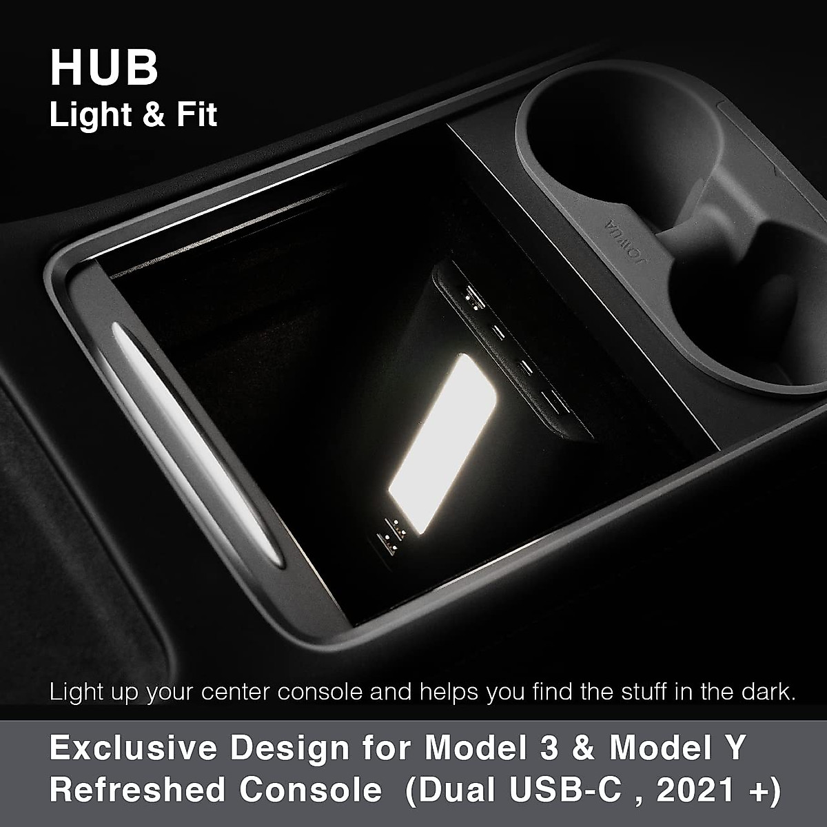 JOWUA USB hub with LED Light Compatible for 2021-2023 Tesla Model Y & Model 3 with Dual USB-C Ports