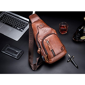BULLCAPTAIN Mens Sling Bag Genuine Leather Chest Shoulder Bags with USB Charging Port Casual Crossbody Bag Travel Hiking Daypacks (brown)