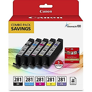 Genuine Canon CLI-281 5-Color Ink Tank Combo Pack with 5 x 5 Photo Paper (2091C006) Canon PGI-280 Pigment Black Ink Tank (2075C001)