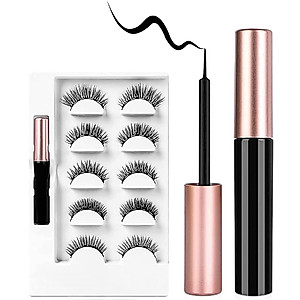 AOMIG Magnetic Eyelashes with Eyeliner Kit, 5 Pairs Natural Look False Eyelashes with Applicator, Waterproof Eyeliner Reusable Fake Lashes for Makeup Eyelashes Extension Black