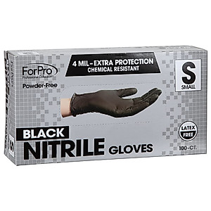 ForPro Professional Collection Disposable Nitrile Gloves, Chemical Resistant, Powder-Free, Latex-Free, Non-Sterile, Food Safe, 4 Mil, Black, Small, 100-Count