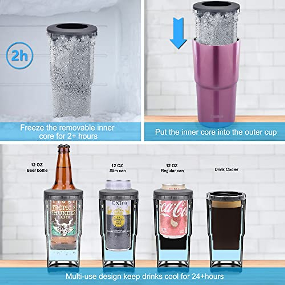 5 In 1 Freezable Can Cooler, Insulated Stainless Steel 24 oz Tumbler with Freezable Drink Can Cooler for all 12 oz Slim Can,Regular Can,Beer Bottle & All Drinks（Pink）