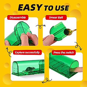 WHEELIO Mouse Traps, 4 Pack Humane Mouse Traps for Indoors and Outdoors, Reusable Live Catch and Release Mouse Traps with Cleaning Brush and Gloves, Quick, Effective and Easy to Clean, Green