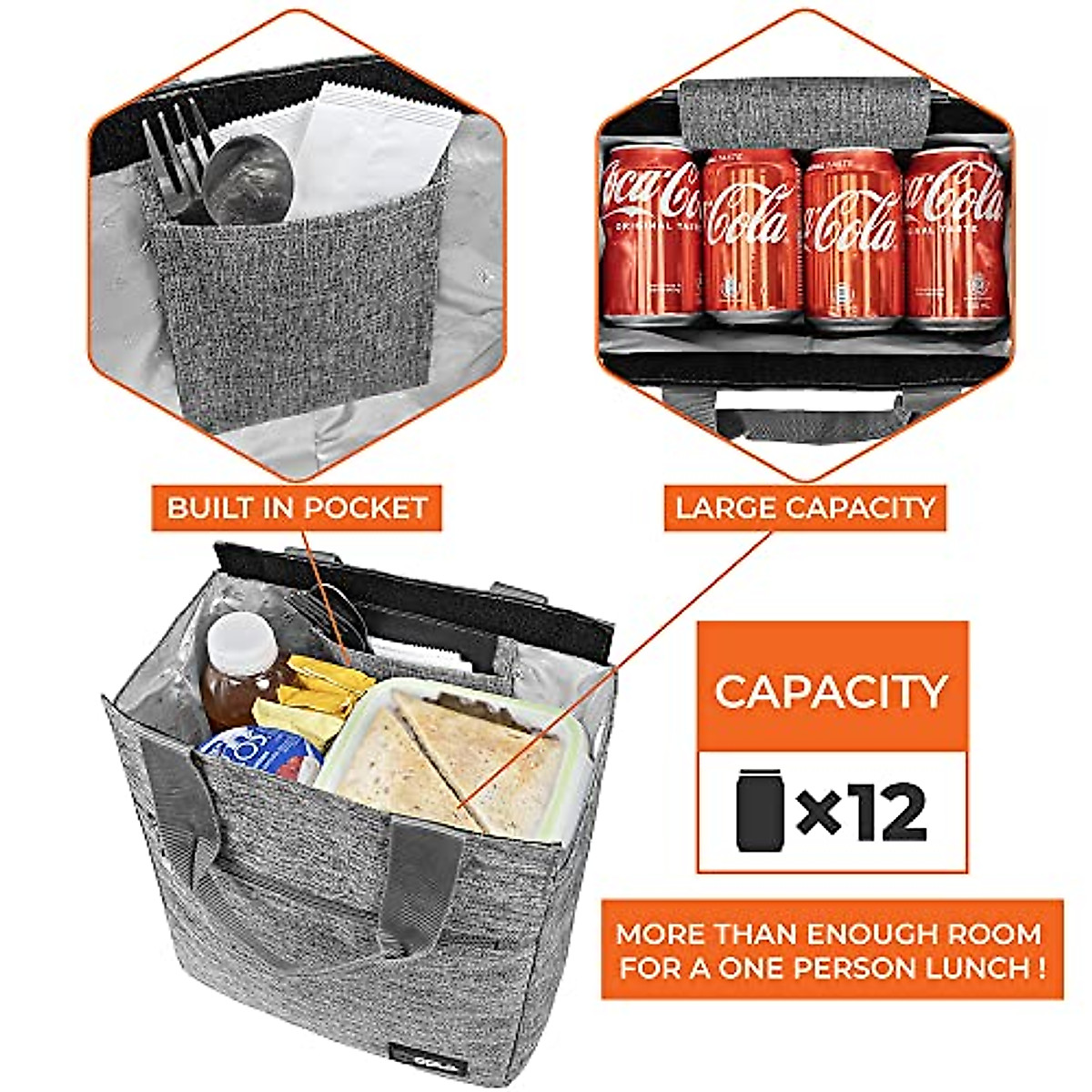 opux Lunch Bag for Women, Insulated Lunch Box Tote for Girls Work School Men Kids Office, Thermal Soft Small Lunch Cooler Bag for Picnic Travel with Pocket, Fits 12 Cans - Heather Gray