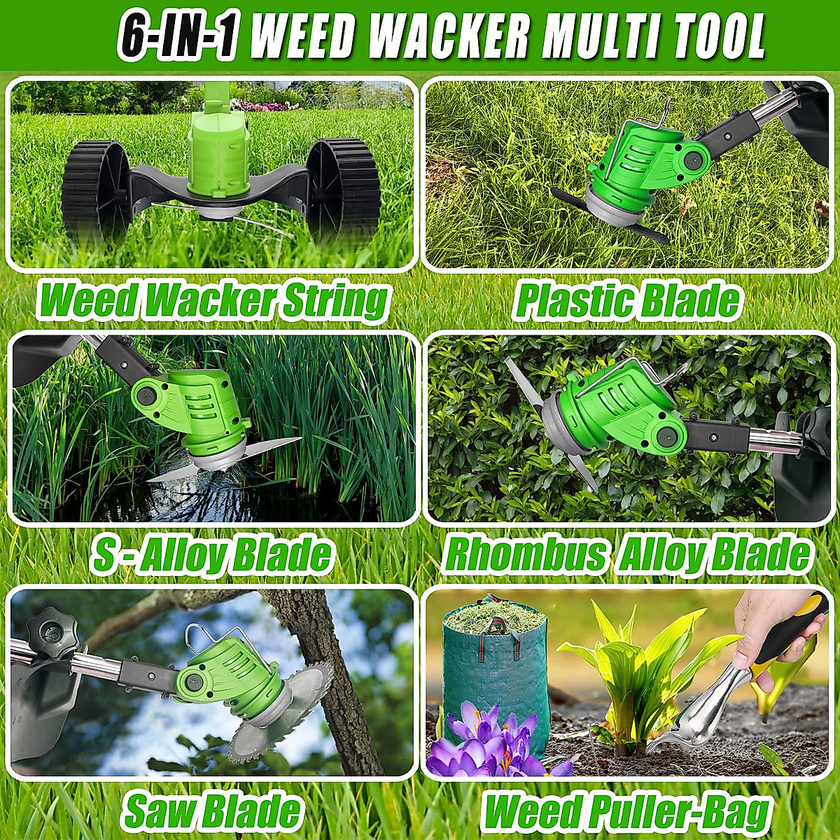 Weed Wacker Battery Operated, Electric Weed Eater Cordless Weed Trimmer Battery Powered 21V 2Ah,Lightweight Grass Trimmer/Lawn Edger/Mower/Brush Cutter, Wheeled No String Lawn Trimmer for Garden Yard