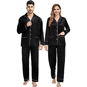 SWOMOG Womens Silk Satin Pajamas Long Sleeve Loungewear Two-piece Sleepwear Button Down Pj Set Black