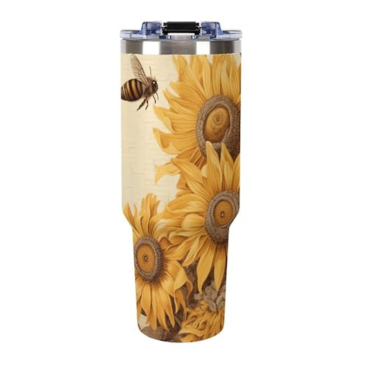 40 Oz Tumbler with Handle Bees And Sunflowers on Old Paper Stainless Steel Coffee Mug Reusable Travel Mug Leak-proof Insulated Car Cup Large Capacity Tumbler for Travel, Outdoor, Home Use (Black)