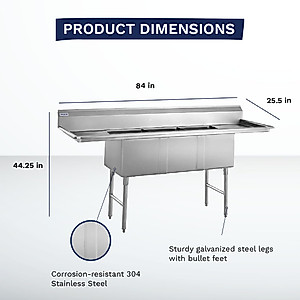 Kratos 29N-001-Commercial NSF 3 Compartment Sink - 16"Wx20"Lx14"H Bowl Size - (2) 18" Drain Boards