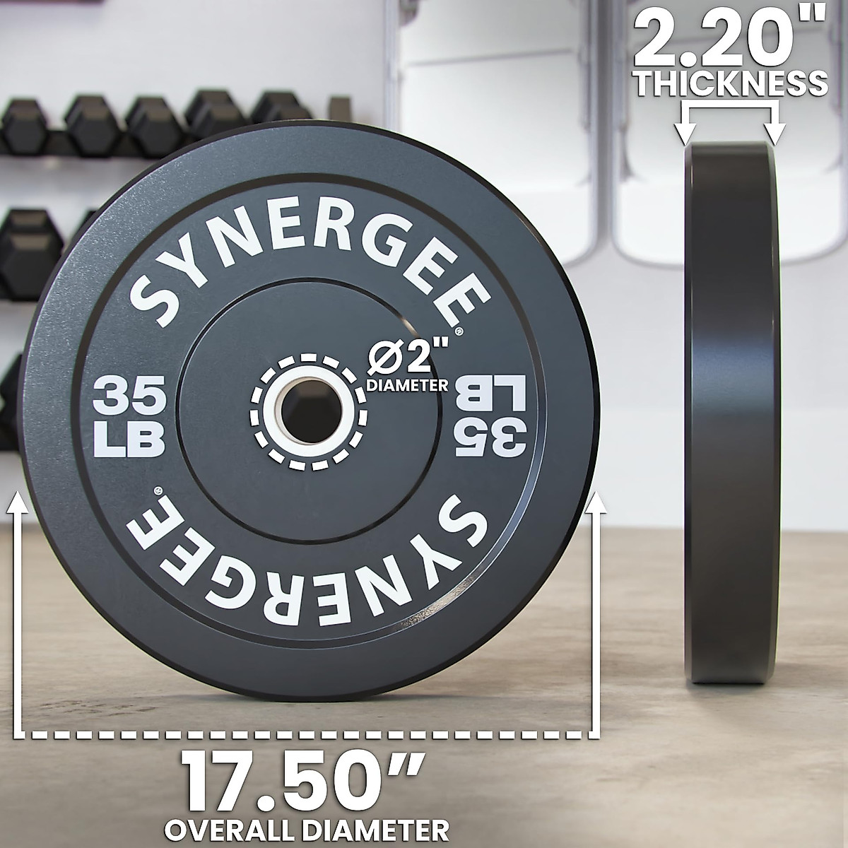 Synergee Bumper Plates – Durable Olympic Weight Plates, Low-Bounce Rubber for Strength Training, Powerlifting, and Functional Workouts.