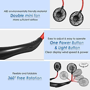 Neck Fan, Portable Usb Rechargeable Led Fan Headphone Design Hand Free Personal Fan Wearable Cooler Fan with Dual Wind Head for Camping Home Outdoor