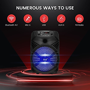 Portable Bluetooth PA Speaker System - 300W Rechargeable Indoor/Outdoor Bluetooth Portable PA System w/ 8” Subwoofer 1” Tweeter, Microphone In, Party Lights, MP3/USB, Radio, Remote - Pyle PPHP836B