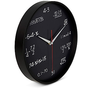 Bernhard Products Math Wall Clock Black 12 Inch Silent Non-Ticking Unique Gift for Teacher/Student/Engineer Graduate Quartz Round Battery Operated, Home Office School Classroom, Mathematical Equations