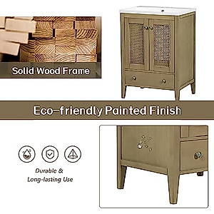 PEIHONGET 24" Bathroom Vanity with Ceramic Basin, Rattan Bathroom Storage Cabinet with Two Doors and Drawer, Freestanding Bath Vanity Cabinet Soft Closing, Solid Wood Frame (Natural)