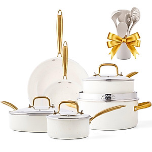 Nonstick Cookware Set - 16 PCS Non Toxin Pots and Pans Set Non stick With Dutch Oven, Frying Pan Set, Saucepan, Sauté Pan, Cooking Utensils - Kitchen Cookware Sets Granite Cooking Pot Gold Gifts