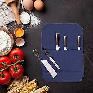 Chef Knife Roll, Heavy Duty 16OZ Waxed Canvas Knife Roll, 5 Slots Knife Bag with Professional Cut Resistant Fabric, Blue (21"L x 15.5"W)