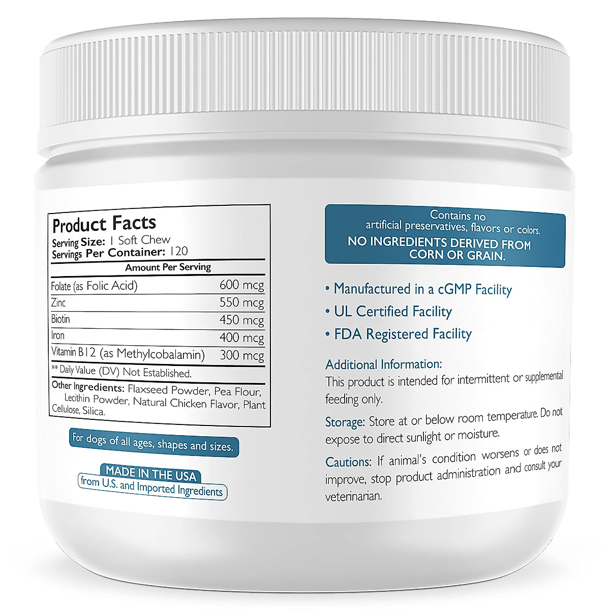 Nutrition Strength Folate for Dogs to Promote Cardiovascular & Prenatal Health, Support DNA Synthesis & Cell Maintenance, Folic Acid for Dogs with Zinc, Biotin, Iron & Vitamin B12, 120 Soft Chews