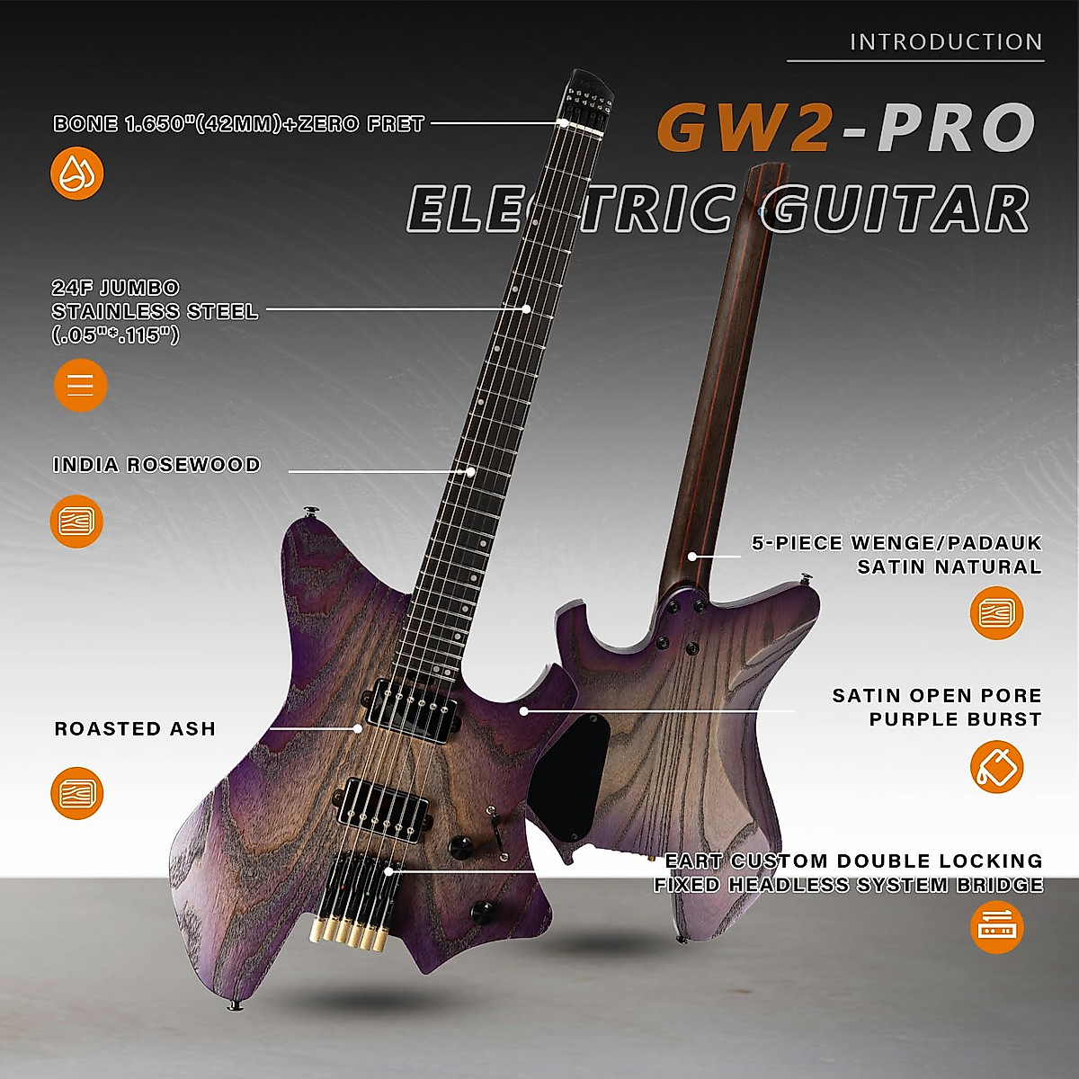 EART GW2-Pro Headless Electric Guitar fixed Bridge for Travel, Roasted Ash Solid-Body - Wenge Neck,Trans white/natural/Solid black(GD)