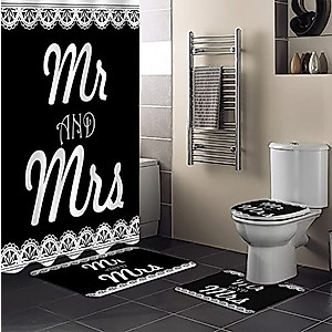 MUSEDAY 4 Pcs Shower Curtain Set Wedding Bathroom Decor Sets with Non-Slip Rugs, Toilet Lid Cover & Bath Mat Waterproof Curtains for Bathroom, Lace Pattern with Words Mr and Mrs