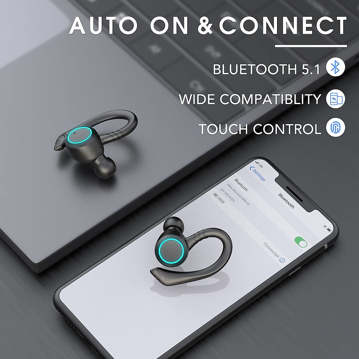 USBERG Wireless Headphones Bluetooth Earbuds with Mic, IPX7 Waterproof Sport Earbuds with Over Ear Hooks for Running Workout, USB-C Charging Box, Compatible with iPhone/Android