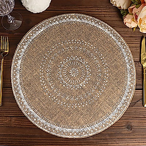 BalsaCircle 4 Natural 15 in Round Burlap Jute Braided Placemats White Prints Wedding Party Events Receptions Decorations Supplies