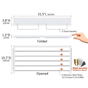 SKIKEN Wall Mounted Hidden Drying Rack for Laundry Room, Wall Compact Clothes Drying Rack, Space Saving Master, Collapsible and Pull-Out, 5 Stainless Steel Rods, 2 Towel Handles (Medium-32, White)